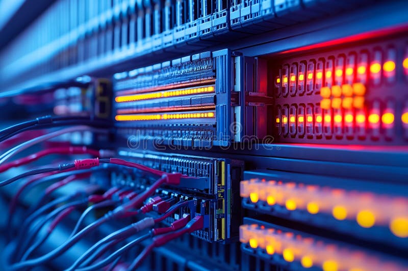 A Row of Servers in a Server Room with Red and Blue Lights Stock Image ...