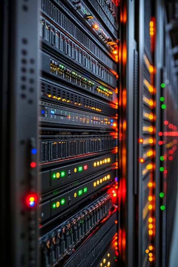 A Row of Servers in a Server Room with Red and Green Lights Stock Photo ...