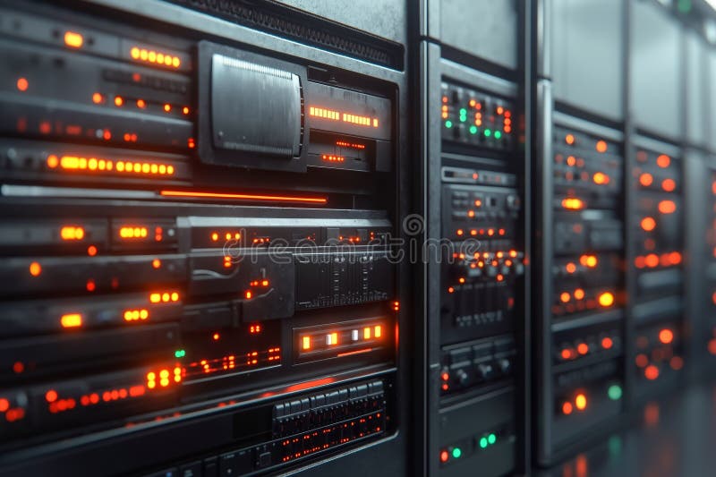 A Row of Servers in a Server Room with Red and Green Lights Stock Photo ...