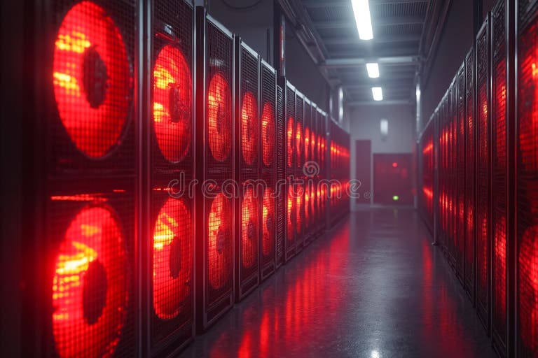 A Row of Servers in a Server Room with Red Lights Stock Illustration ...
