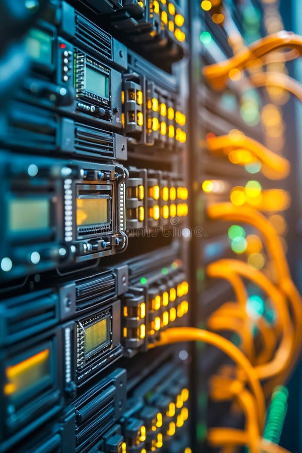 A Row of Servers in a Server Room with Red and Blue Lights Stock Photo ...