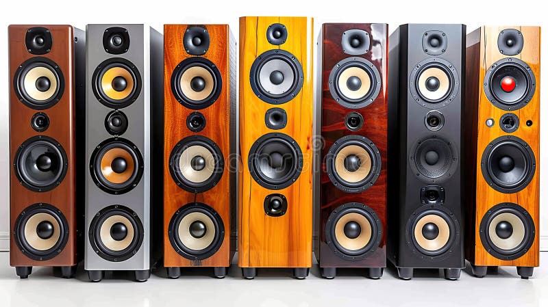 A Row of Seven Tower Speakers in Various Finishes, Including Wood ...