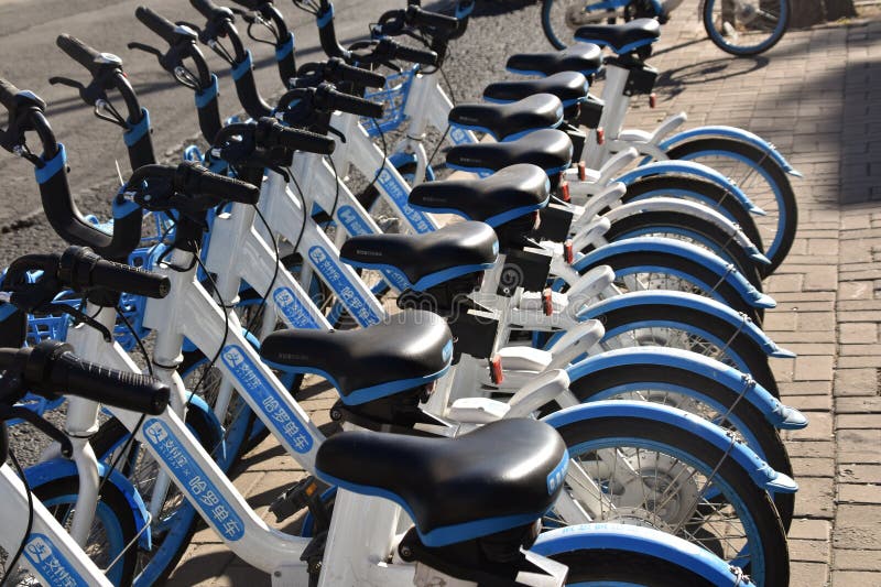 A Row of Shared White and Blue Hello Bikes in Luoyang, Henan Province ...