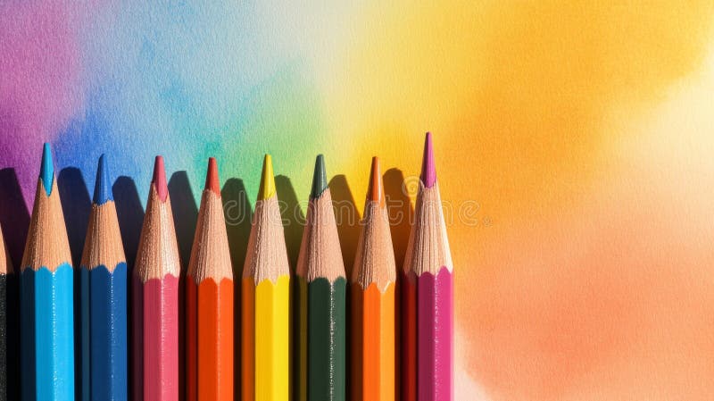 A Row of Sharpened Colored Pencils Standing Upright and Casting Shadows ...