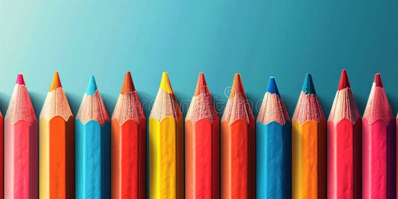 A Row of Sharpened Colored Pencils Stands Upright on a Light Blue ...