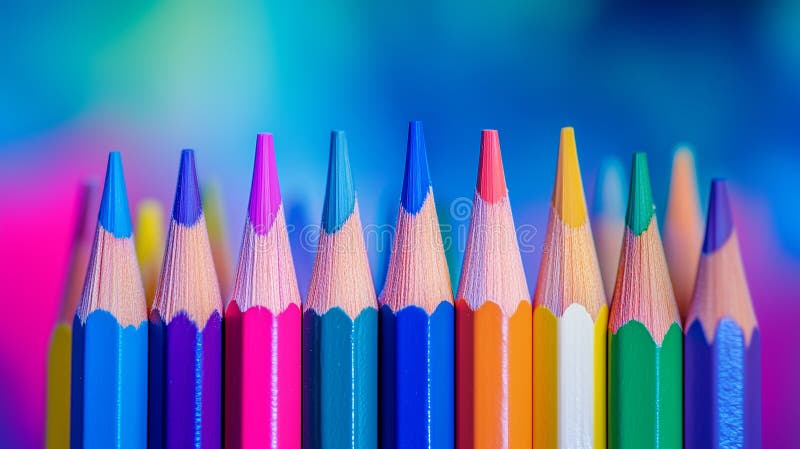 Row of Sharpened Coloring Pencils Standing Upright Forming a Colorful ...