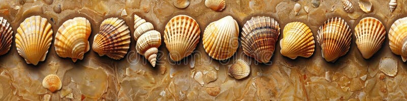 A Row of Shells are Shown in a Row on a Brown Surface Stock Photo ...