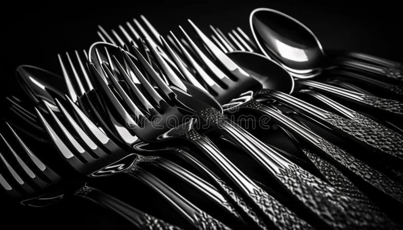A Row of Shiny Metal Utensils in Black and White Generated by AI Stock ...