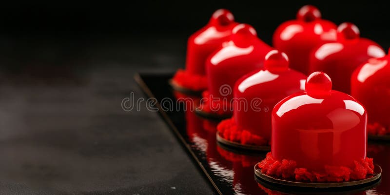 A Row of Shiny Red Glazed Desserts on a Dark Surface, Creating a ...