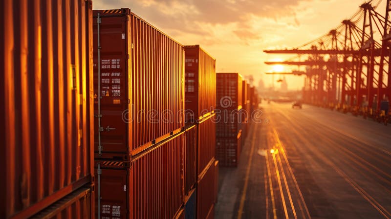 Row of Shipping Containers Stacked at a Port during Sunset Stock ...