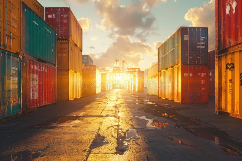 A Row of Shipping Containers at Sunset, with the Sun S Rays Casting ...