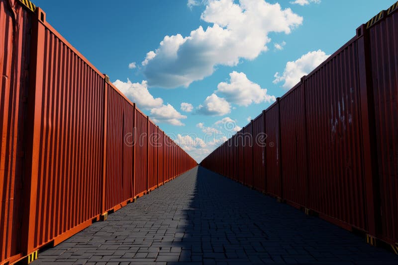 Row of Shipping Containers Under a Blue Sky with Clouds Perspective ...
