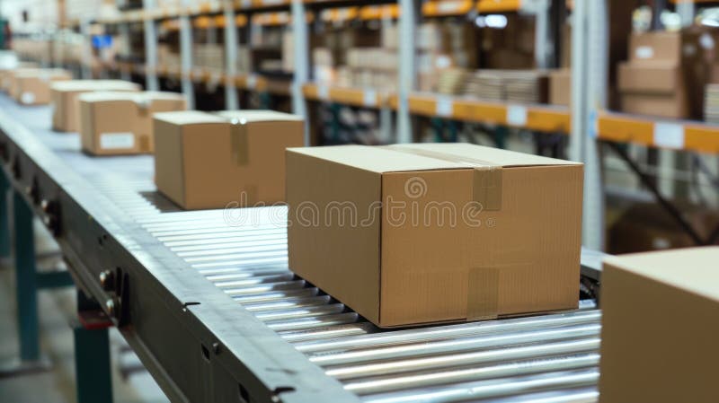 A Row of Shipping Parcels on a Conveyor Belt in a Distribution Stock ...