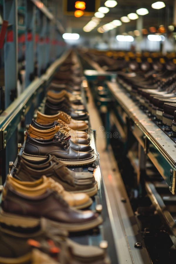 A Row of Shoes on a Conveyor Belt in a Factory or Warehouse Setting ...