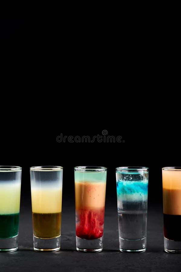 Set of Shot Cocktails with Raspberry, Vanilla Liqour, Vodka and ...