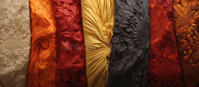 Row of Silk, Fur, and Electric Blue Fabrics Lined Up before Event Stock ...