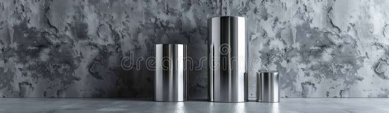 This is a Row of Silver Cylinders of Varying Sizes Against a Gray ...