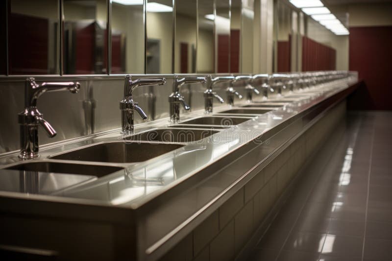 A Row of Sinks in a Public Restroom, Focused on Faucets Stock ...