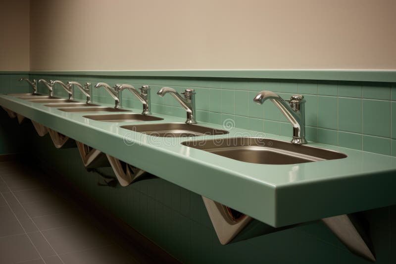 A Row of Sinks in a Public Restroom, Focused on Faucets Stock Image ...