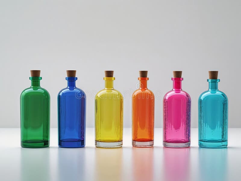 A Row of Six Bottles of Different Colors. Stock Image - Image of ...