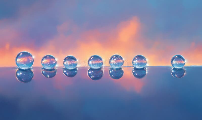 A Row of Six Clear Glass Spheres on a Blue Surface Stock Illustration ...
