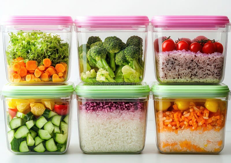 A Row of Six Clear Plastic Containers Filled with Vegetables and Rice ...