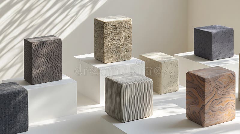 A Row of Six Different Colored Cubes are Displayed on a White Pedestal ...
