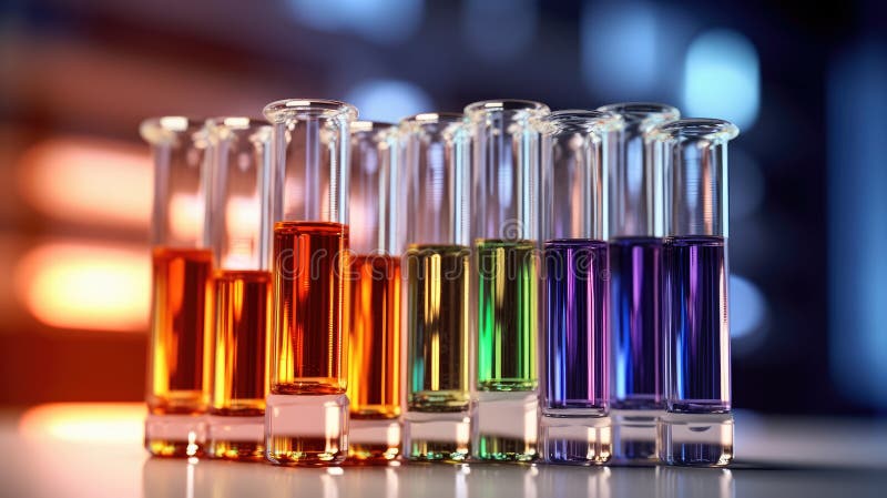 Row of Six Different Colored Test Tubes, Each Filled with Unique Liquid ...