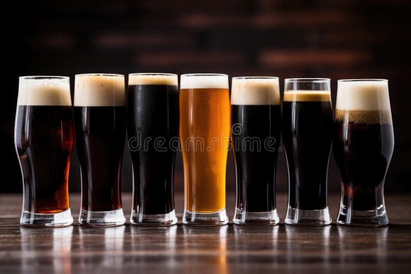 Row of Six Different Stout Beers in Pint Glasses Stock Illustration ...