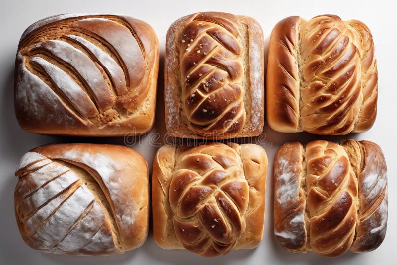 Row of Six Different Types of Bread, Including a Baguette Stock Image ...