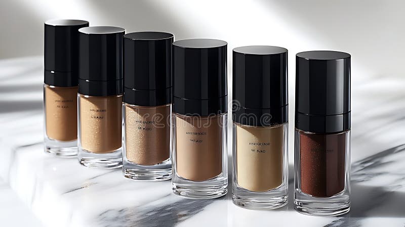 A Row of Six Foundation Bottles with Different Shades on a Marble ...