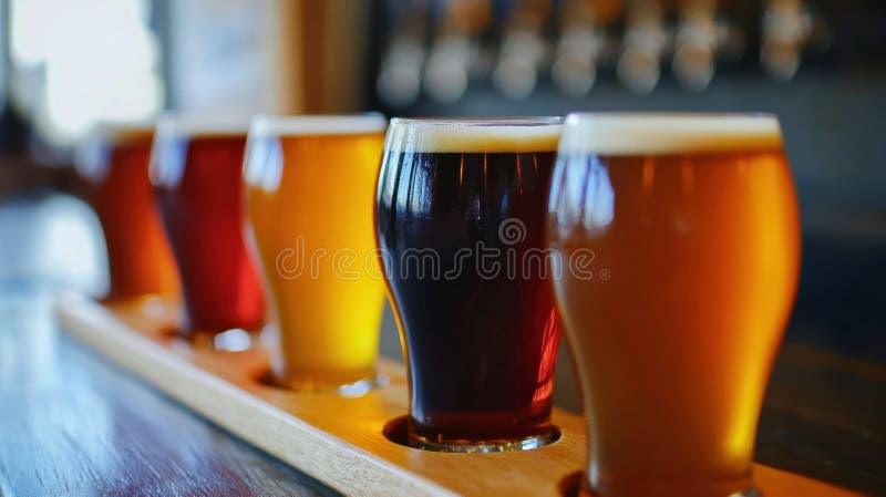 A Row of Six Glasses with Different Colored Beers on a Tray, AI Stock ...
