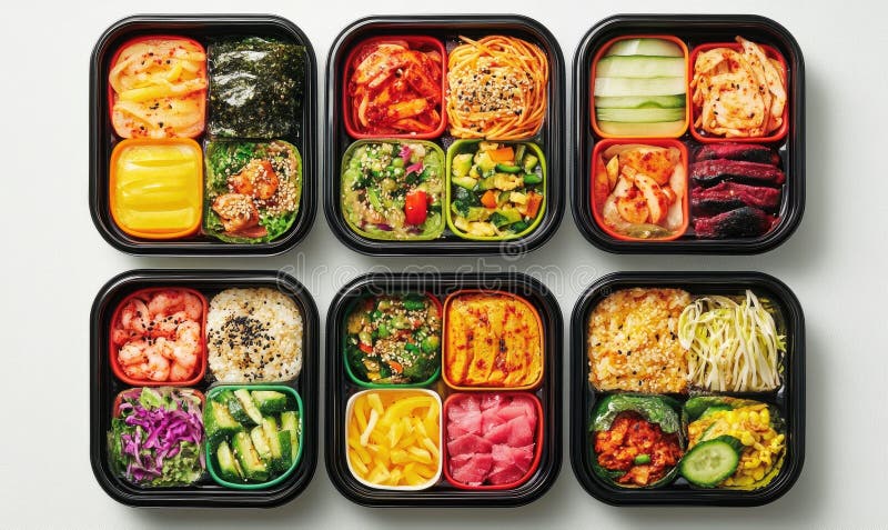 A Row of Six Plastic Containers Filled with Various Types of Food Stock ...