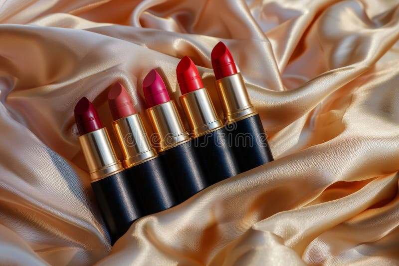 A Row of Six Red Lipsticks are Displayed on a Gold Background Stock ...