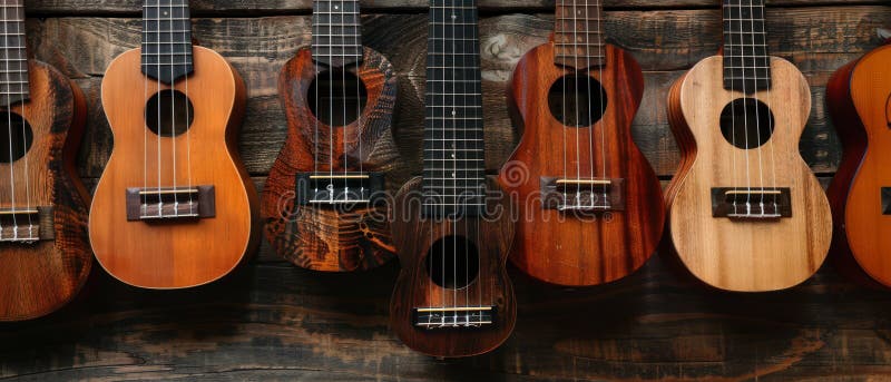 A Row of Six Ukuleles Hanging on a Wooden Wall Stock Image - Image of ...