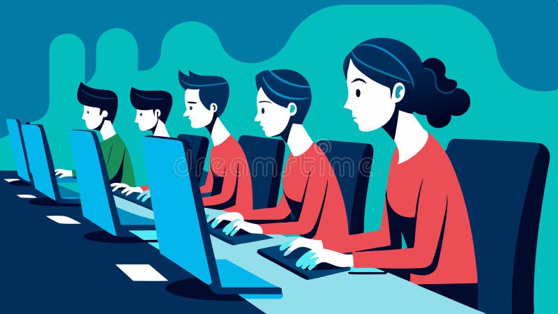 A Row of Sleek Computer Stations Each Occupied by a Student Typing Away ...