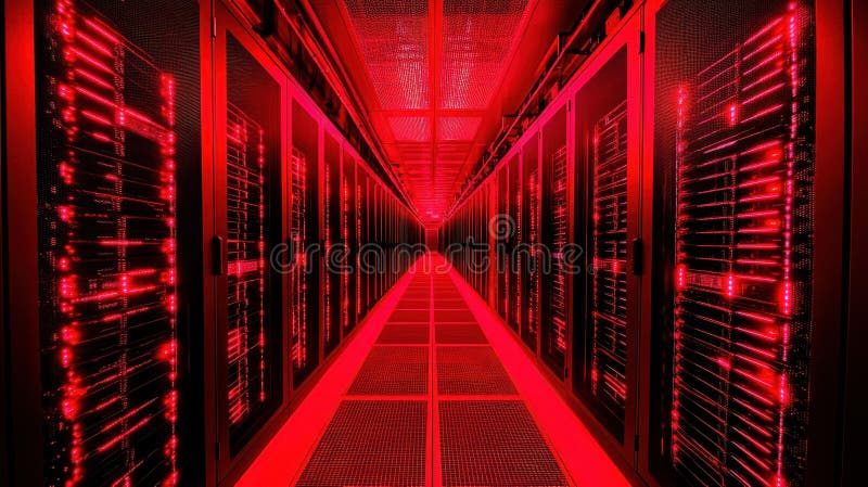 A Row of Sleek Red Data Servers Fills the Data Center, Shining Brightly ...