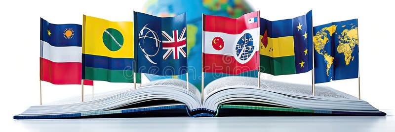 A Row of Small Colorful Flags Positioned on an Open Book Stock ...