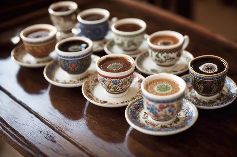 Row of Small Cups and Saucers, Each with a Different Flavor of Turkish ...