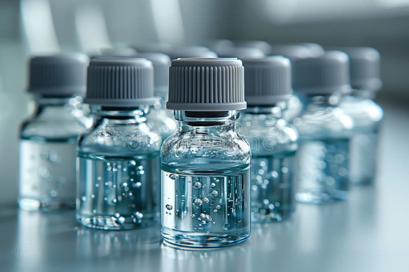 A Row of Small Glass Bottles Filled with Liquid on a Table Stock Photo ...
