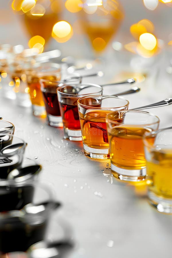A Row of Small Glasses Filled with Different Types of Alcohol Stock ...