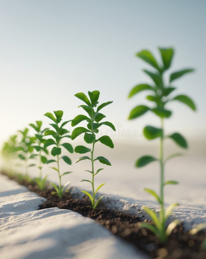 A Row of Small Green Plants Growing Upward Out of the Ground Stock ...