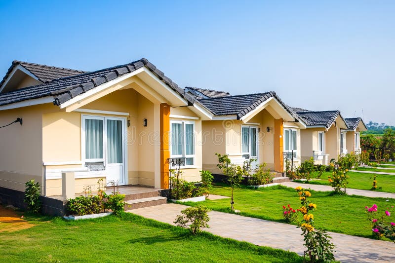 A Row of Small Houses in a Row in a Grassy Area Stock Photo - Image of ...