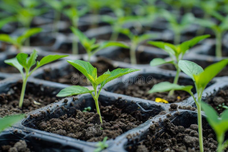 A Row of Small Plants are Growing in a Black Plastic Container Stock ...