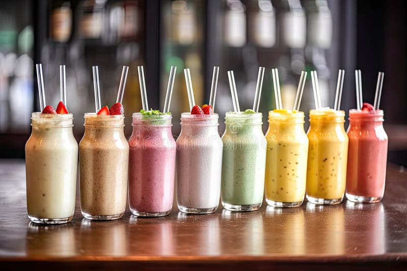 Row of Smoothies and Shakes in Restaurant, Each with Different Flavor ...