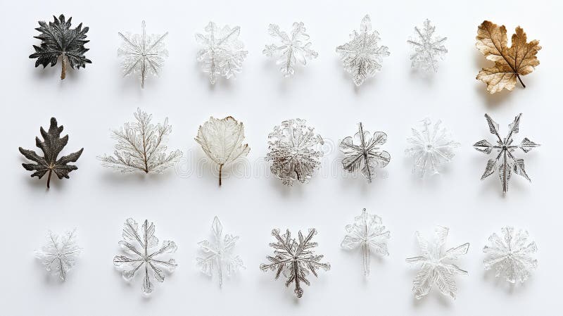 A Row of Snowflakes and Leaves are Displayed on a White Background Stock Illustration ...