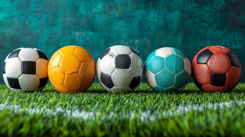 A Row of Soccer Balls on Grass with Different Colors, AI Stock Image ...