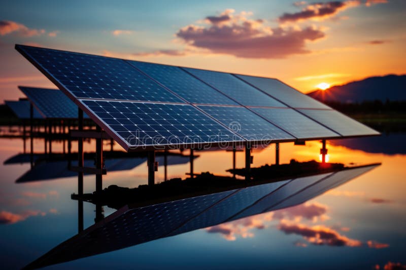 A Row of Solar Panels on Flooded Field with Reflection. Generative AI ...