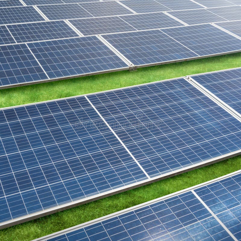 A Row of Solar Panels with a Green Grassy Area in between Stock Image ...