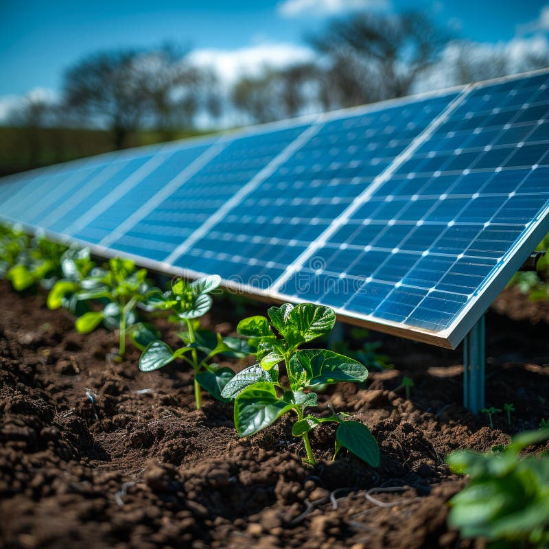 A Row of Solar Panels with Plants Growing in between. the Plants are ...